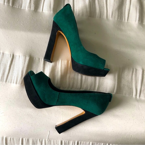 Shoes | Forest Green Peep Toe Suede Platform Heels | Poshmark
